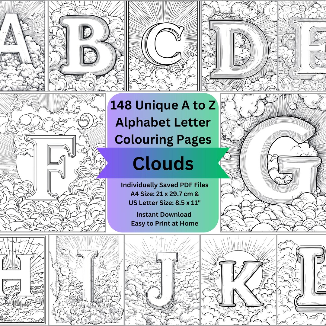 Clouds Zentangle Greyscale Alphabet Letter Coloring Pages, Sky Weather ...