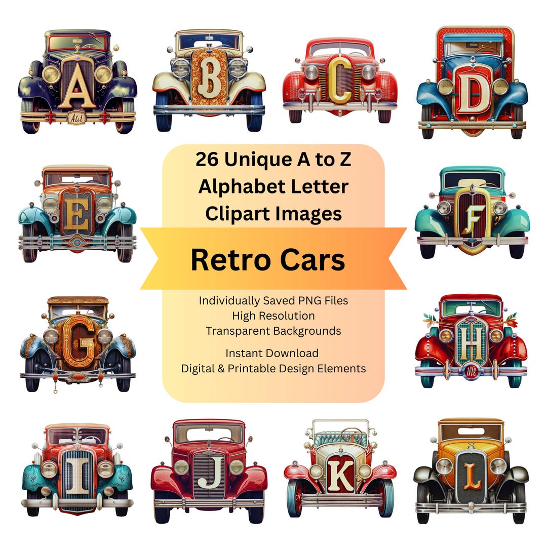 Vintage Car Clipart Alphabet Letters PNG Files for Retro Vehicle ...