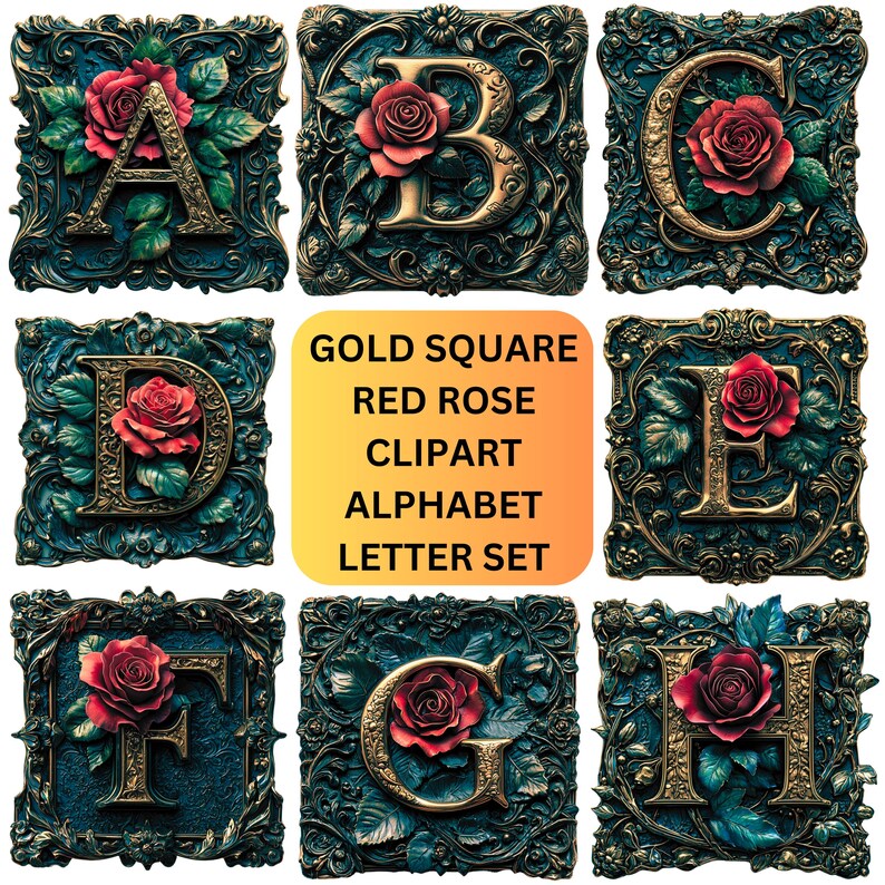 Rose Clipart Bundle, Red Rose Alphabet Letters, Instant Download Fancy ...