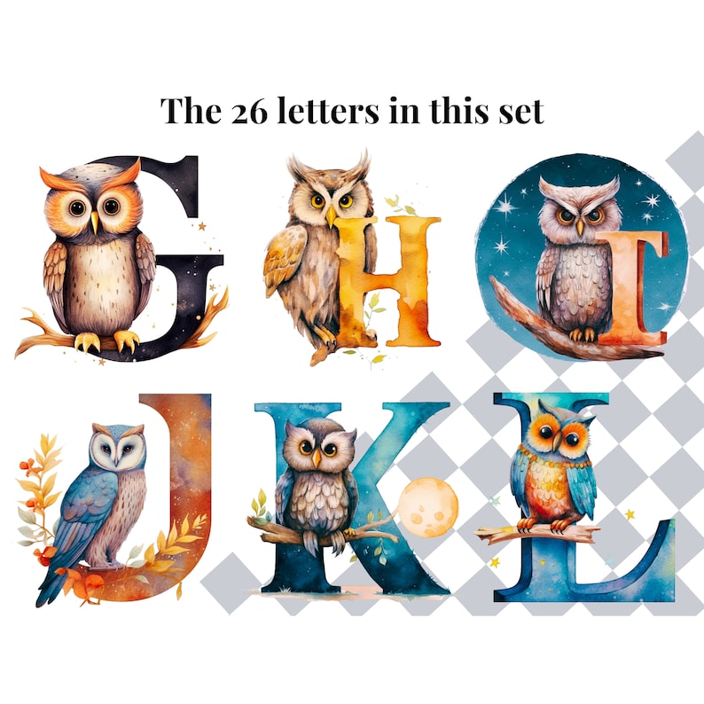 Owl Clipart Alphabet Letters | Bird PNG Fonts | Watercolour Typography ...