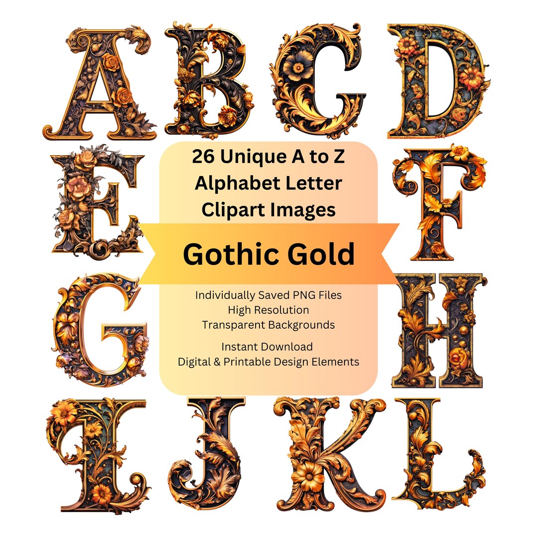 Gothic Clipart Alphabet Letters PNG Files for Gold Rose Floral Digital ...