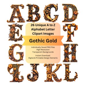 Gothic Gold Floral Alphabet Clipart: Rose Letters (PNG Digital Download ...