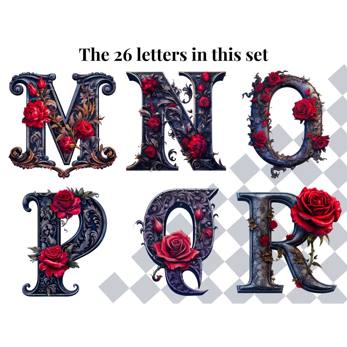 Gothic Clipart Alphabet Letters PNG Files for Red Rose Floral Digital ...