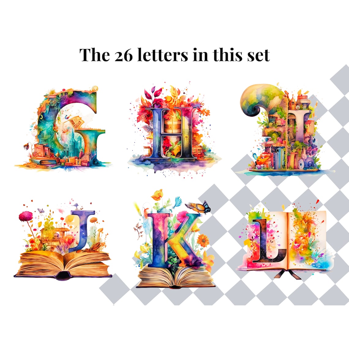 Library Book Clipart Alphabet Letters PNG Files for Watercolor Digital ...