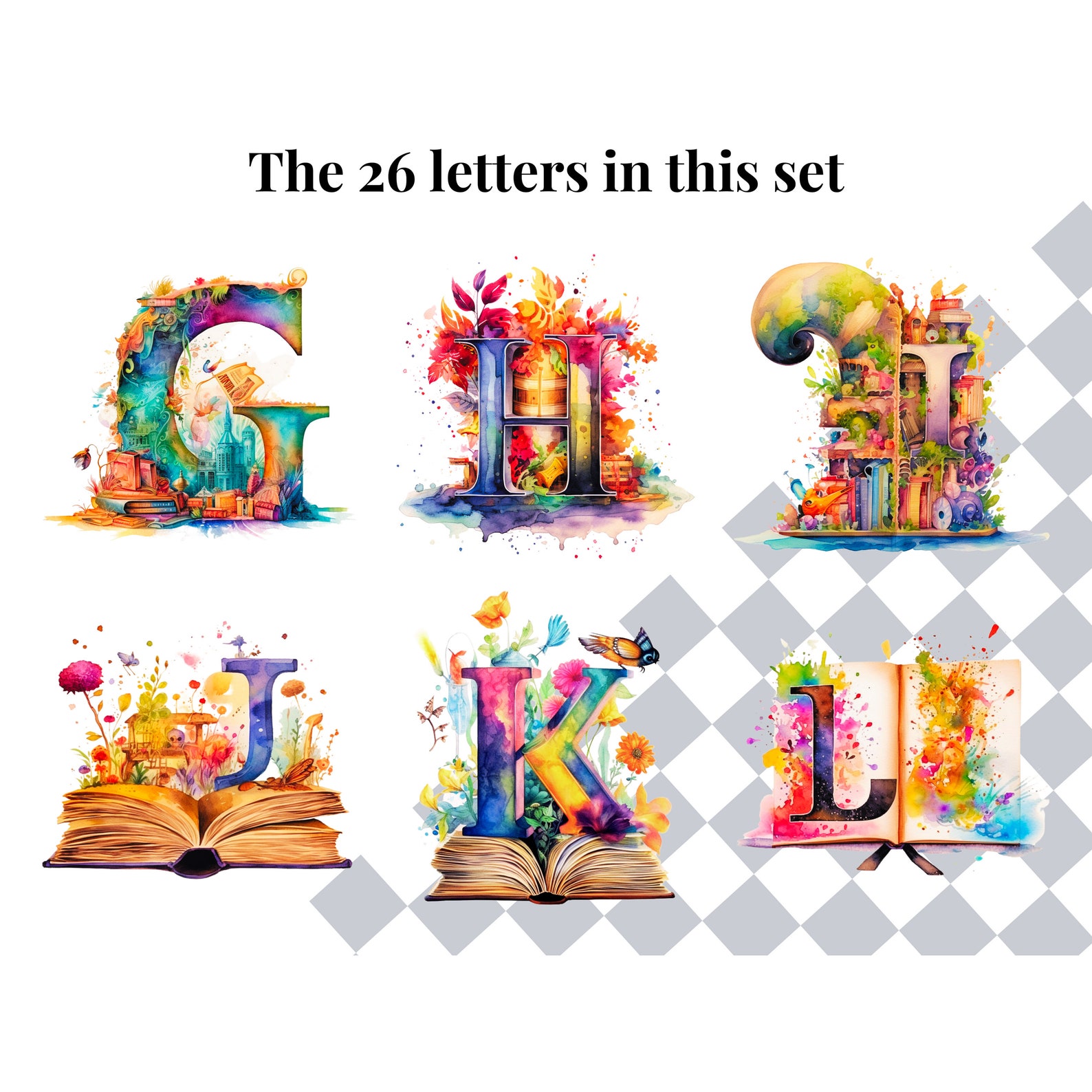 Library Book Clipart Alphabet Letters PNG Files for Watercolor Digital ...