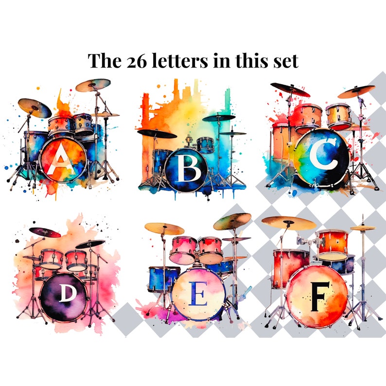 Watercolor Drum Set Alphabet Clipart: A-Z PNG Letters (digital Download ...