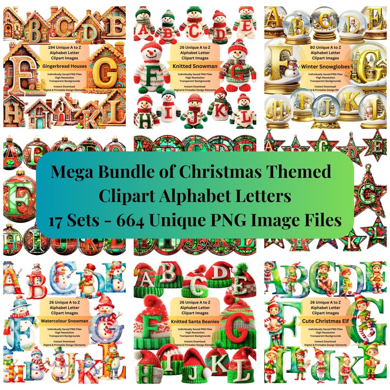 Christmas Alphabet Clipart PNG Bundle: 17 Unique Letter Sets (digital ...