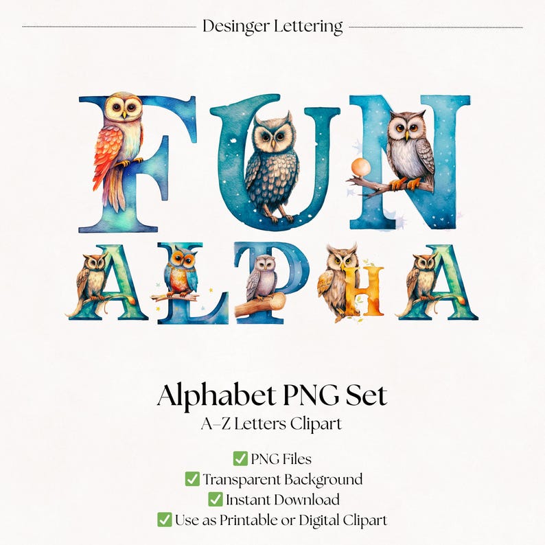 Owl Clipart Alphabet Letters | Bird PNG Fonts | Watercolour Typography ...