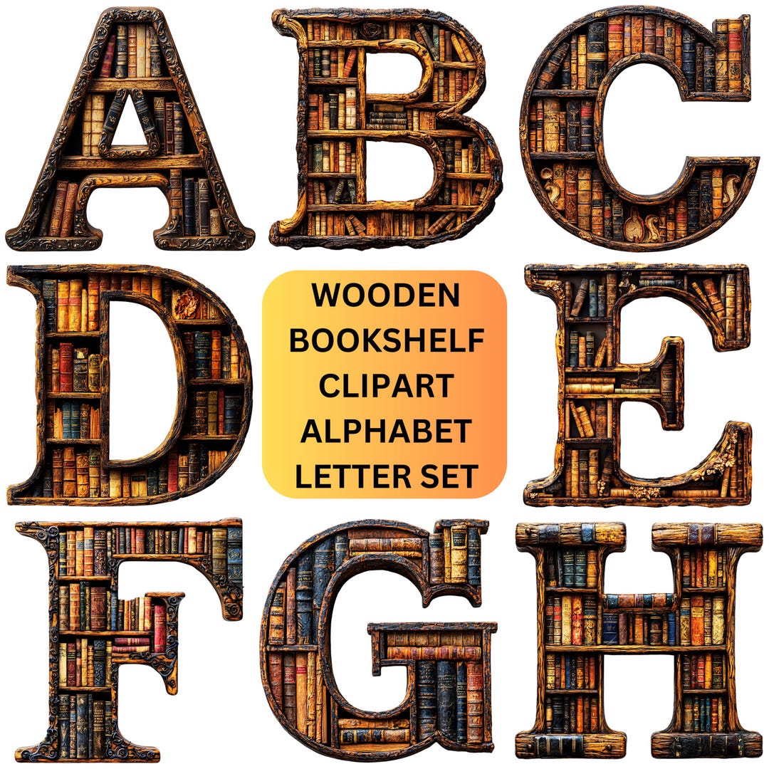 Wooden Bookshelf Printable Letters for Alphabet PNG Fonts, Library ...