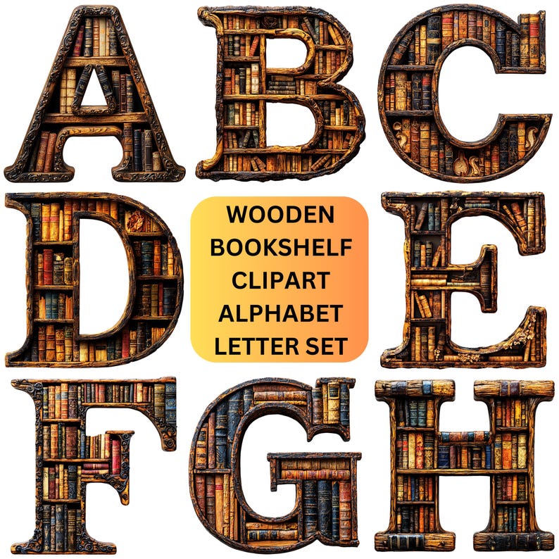 Wooden Bookshelf Alphabet PNG Images | Vintage Library and Book Clipart ...
