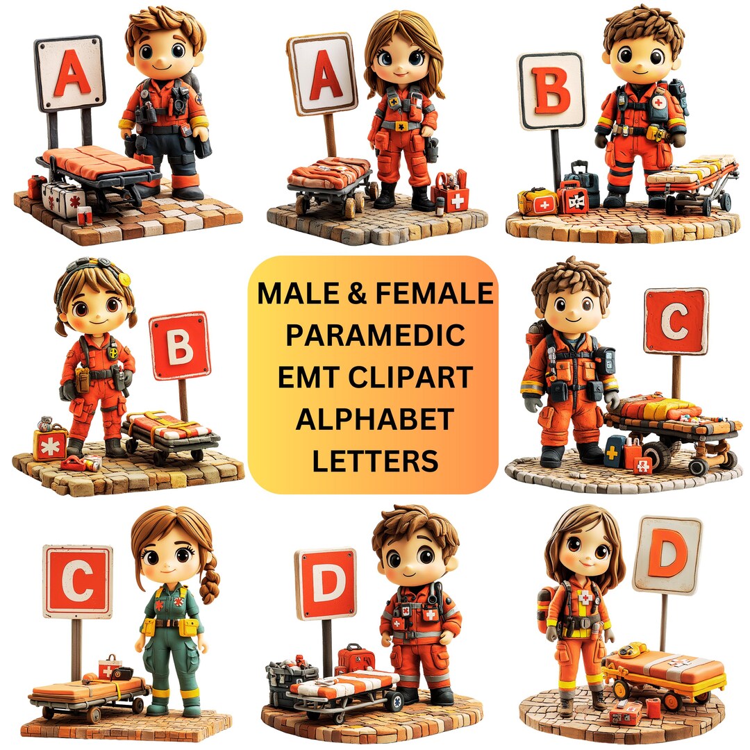 Paramedic EMT Clipart Alphabet: Male & Female Rescue Worker Letters ...