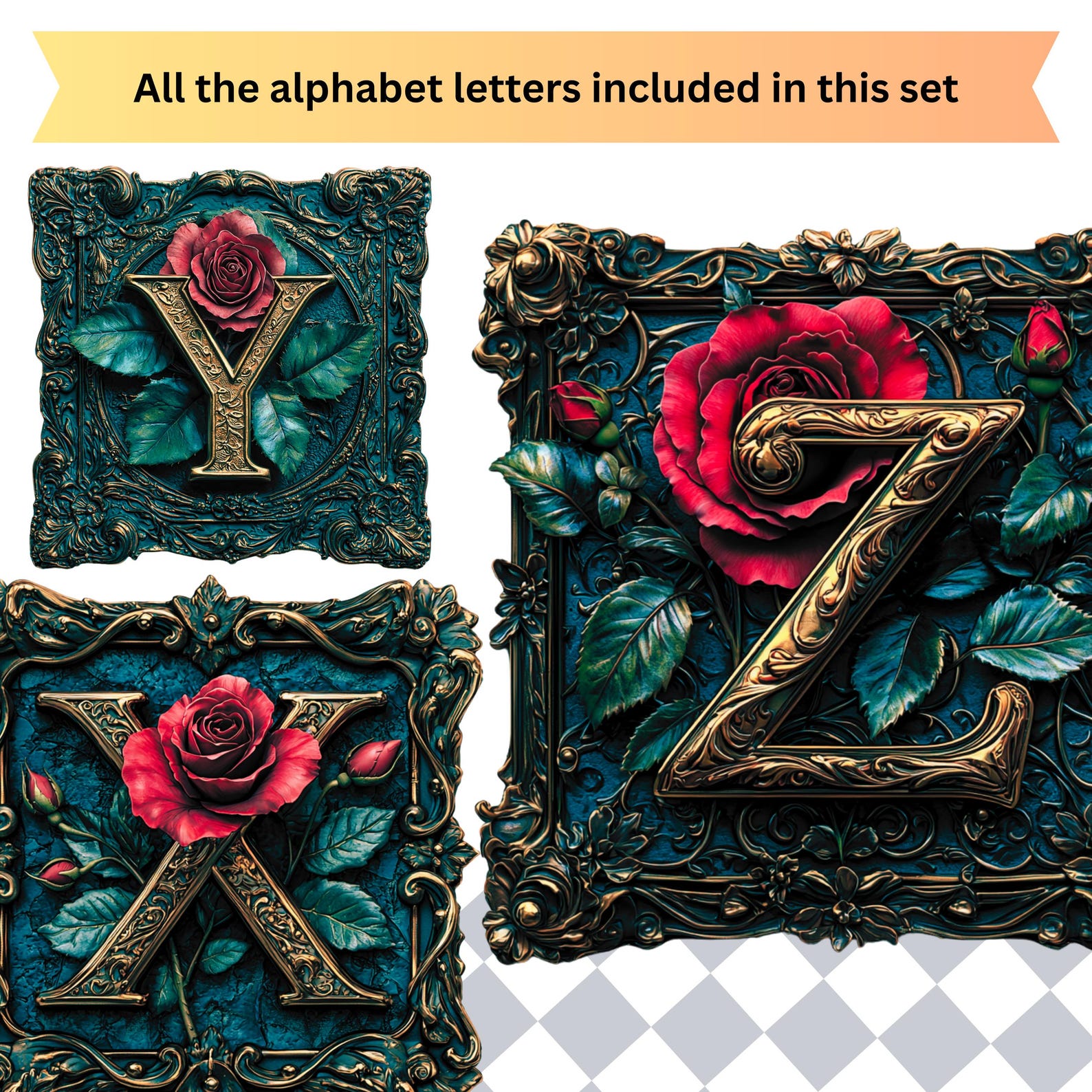 Rose Clipart Bundle, Red Rose Alphabet Letters, Instant Download Fancy ...