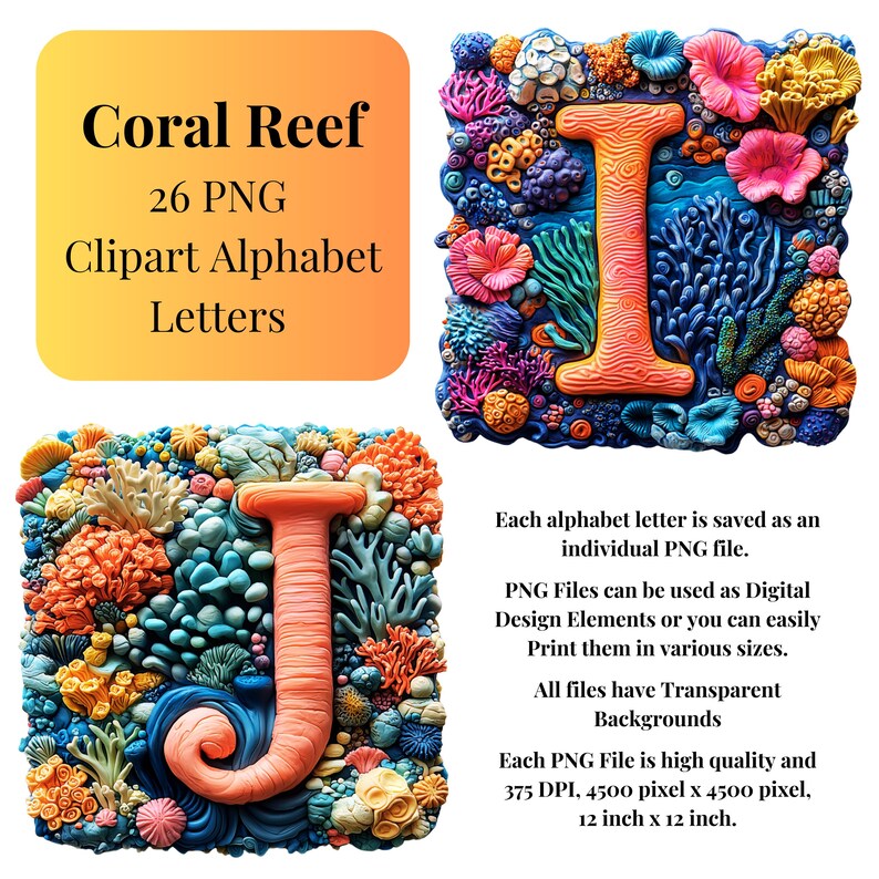 Coral Reef Alphabet Clipart: Ocean Themed PNG Letters (digital Download ...
