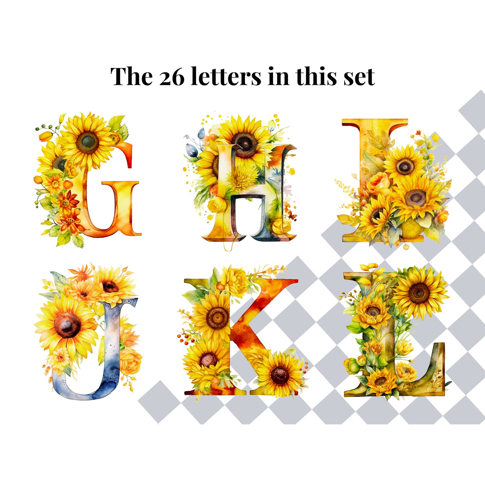 Watercolor Sunflower Alphabet Clipart: A-Z Decorative Letters (digital ...