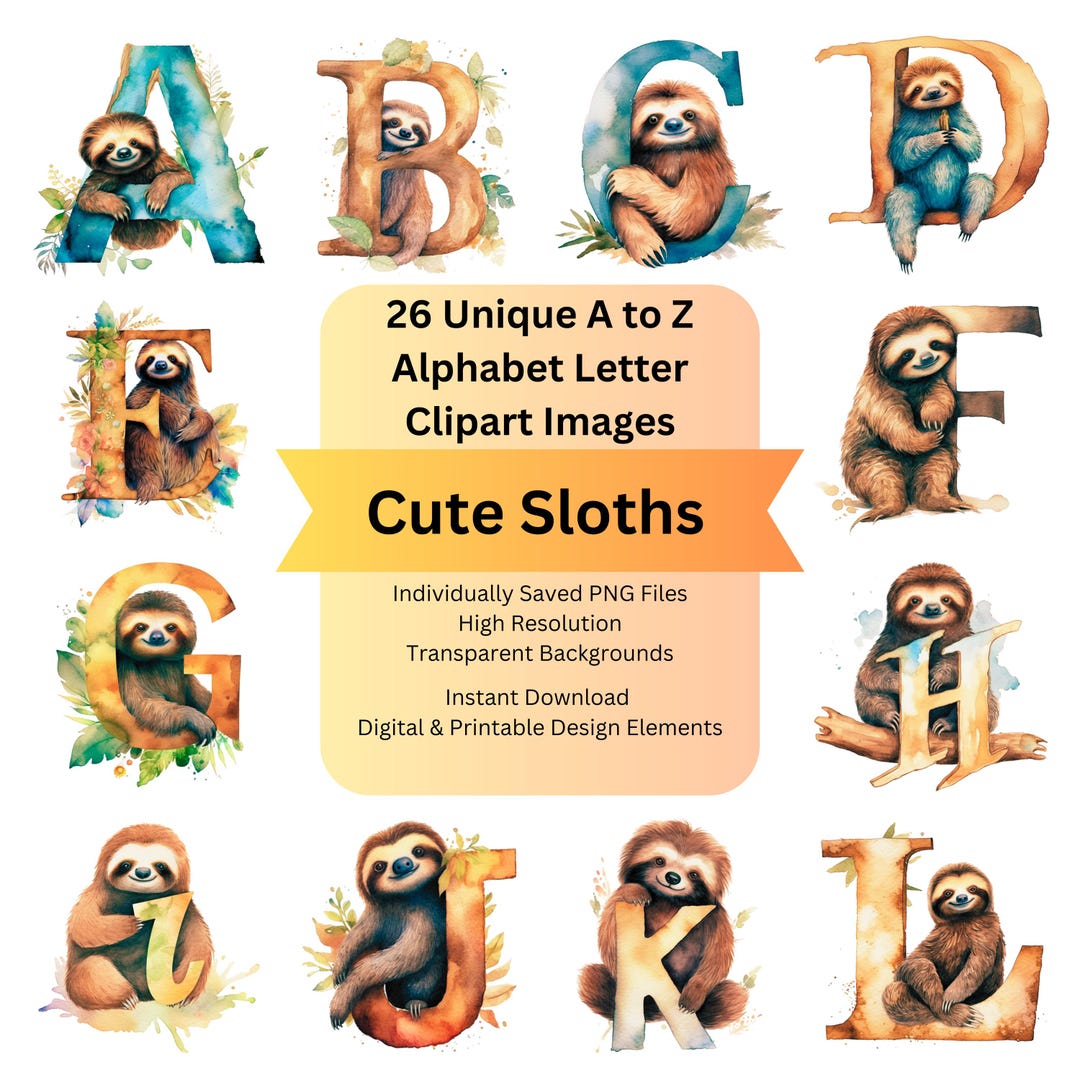 Sloth Clipart Animal Alphabet Watercolor Letters PNG for Cute Fonts ...