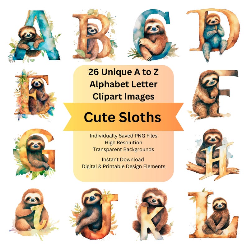 Sloth Clipart Animal Alphabet Watercolor Letters PNG for Cute Fonts ...