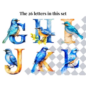Watercolor Blue Bird Alphabet Clipart: A-Z PNG Bundle (digital Download ...