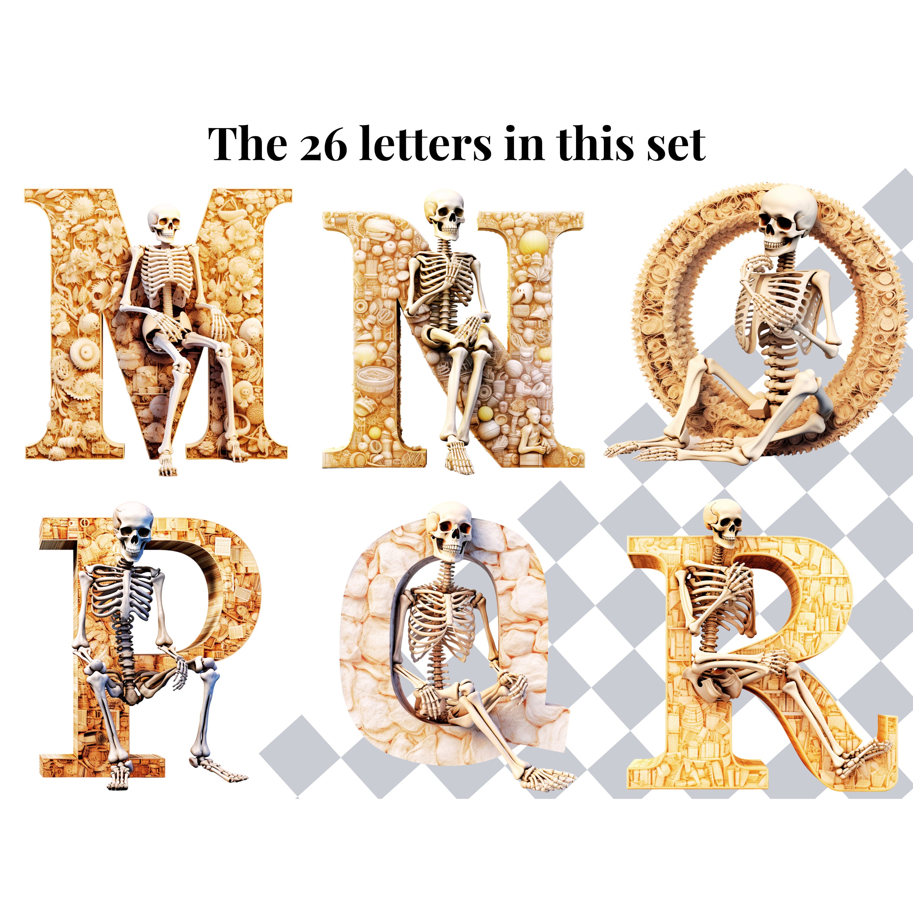 Skeleton PNG Alphabet Letters for Halloween Clipart Bundle, Skeleton ...