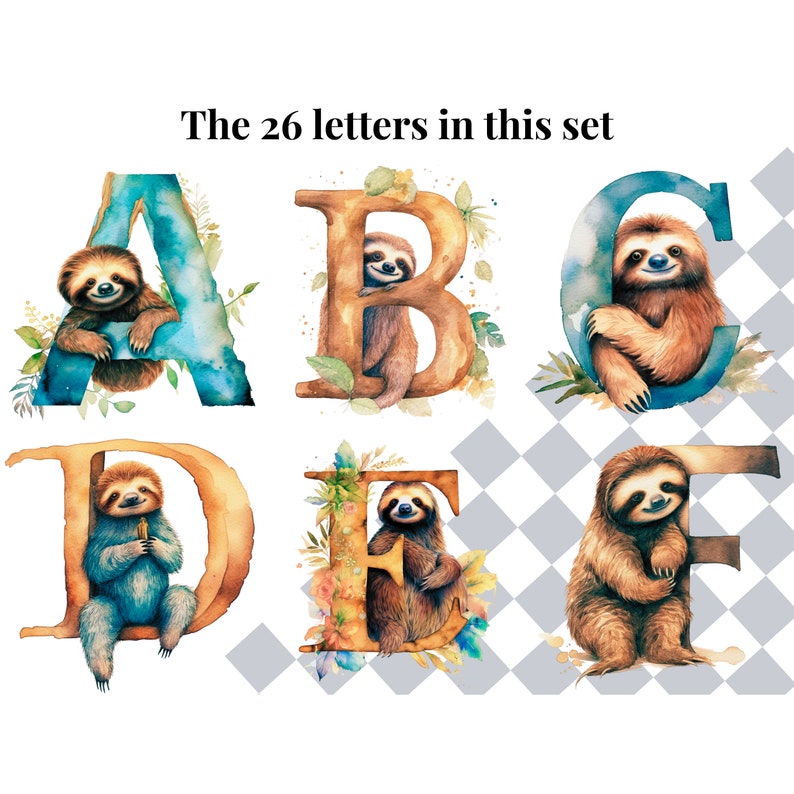Sloth Alphabet Watercolor Clipart: A-Z PNG Letters (digital Download ...