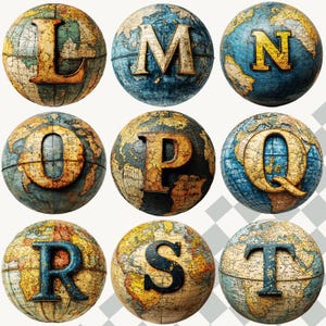 Round World Map Clipart Alphabet Letters, Vintage Geography PNG ...