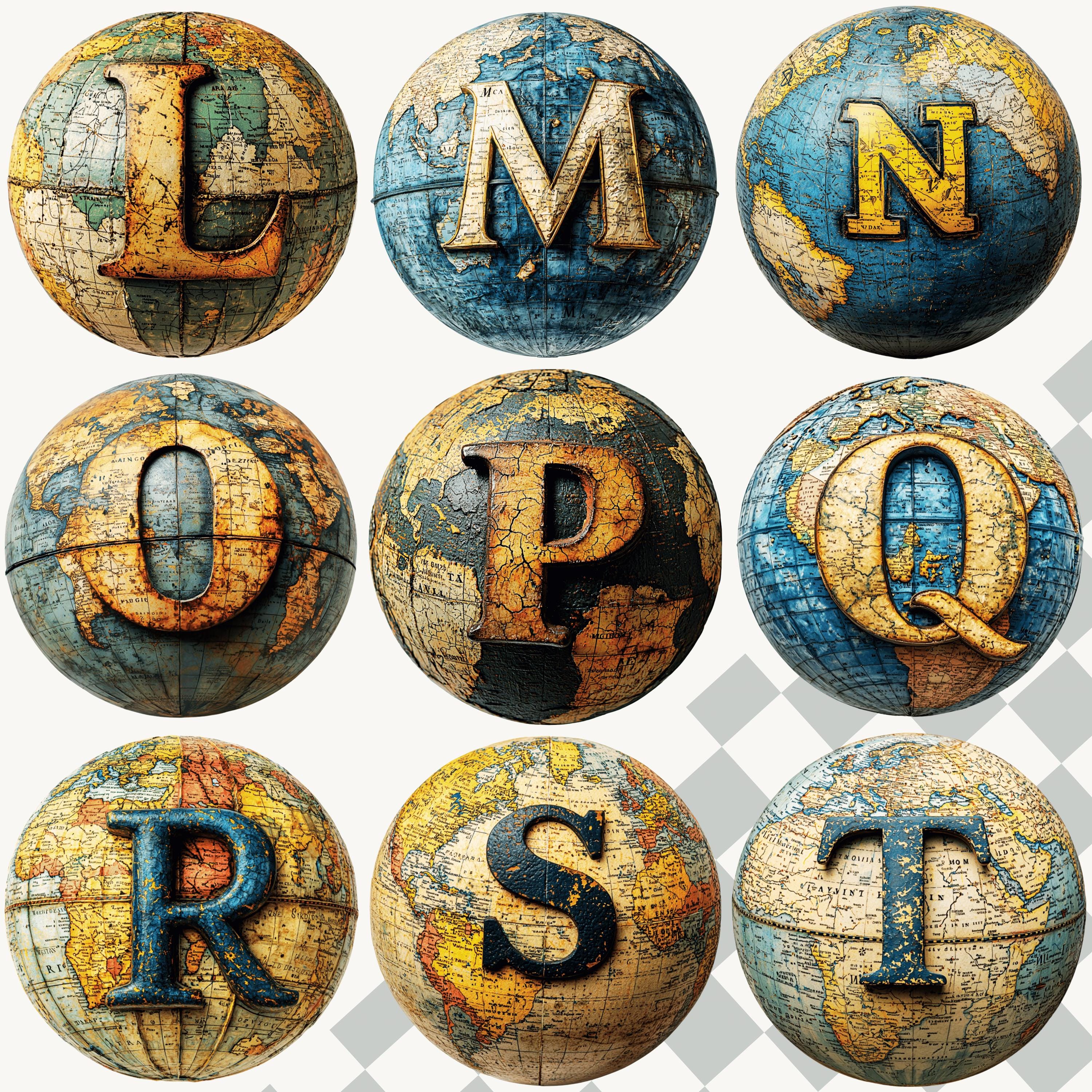 Round World Map Clipart Alphabet Letters, Vintage Geography PNG ...