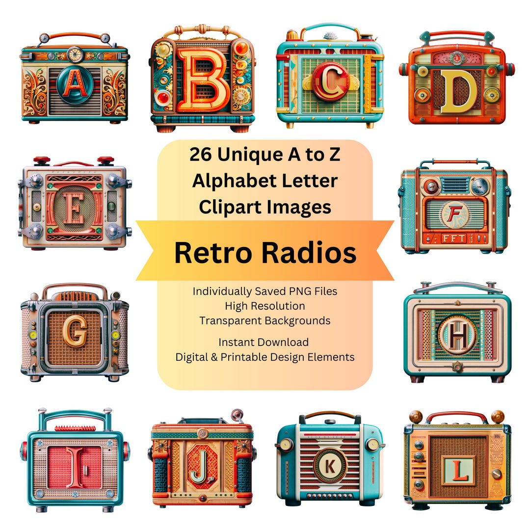 Retro Radio Alphabet Clipart: Vintage PNG Letters (digital Download ...