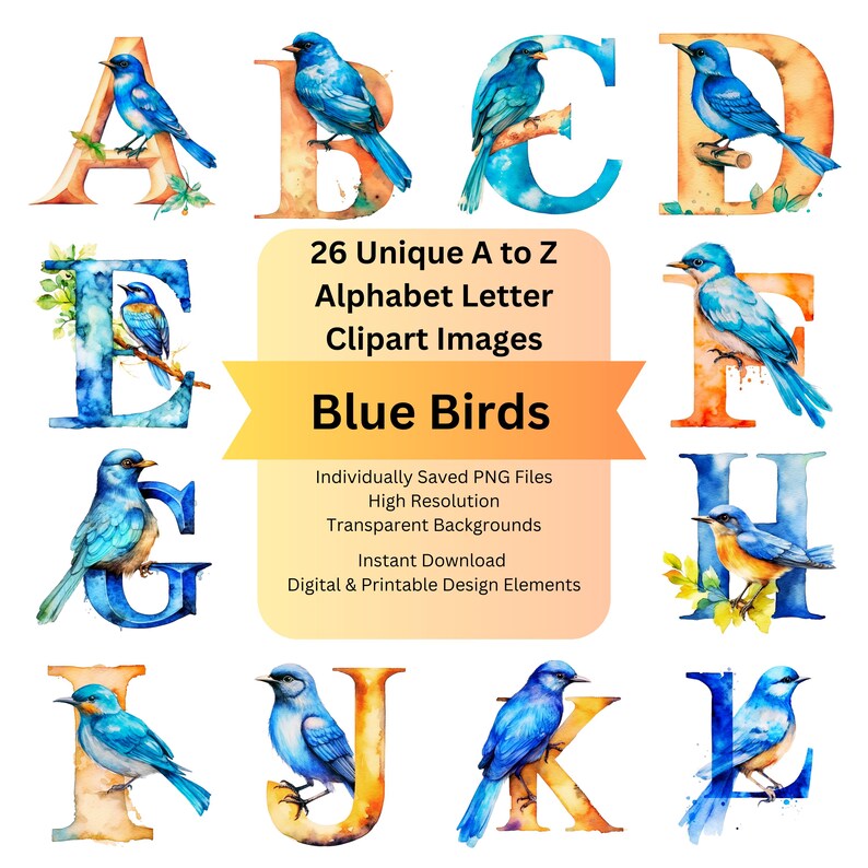 Watercolor Blue Bird Alphabet Clipart: A-Z PNG Bundle (digital Download ...