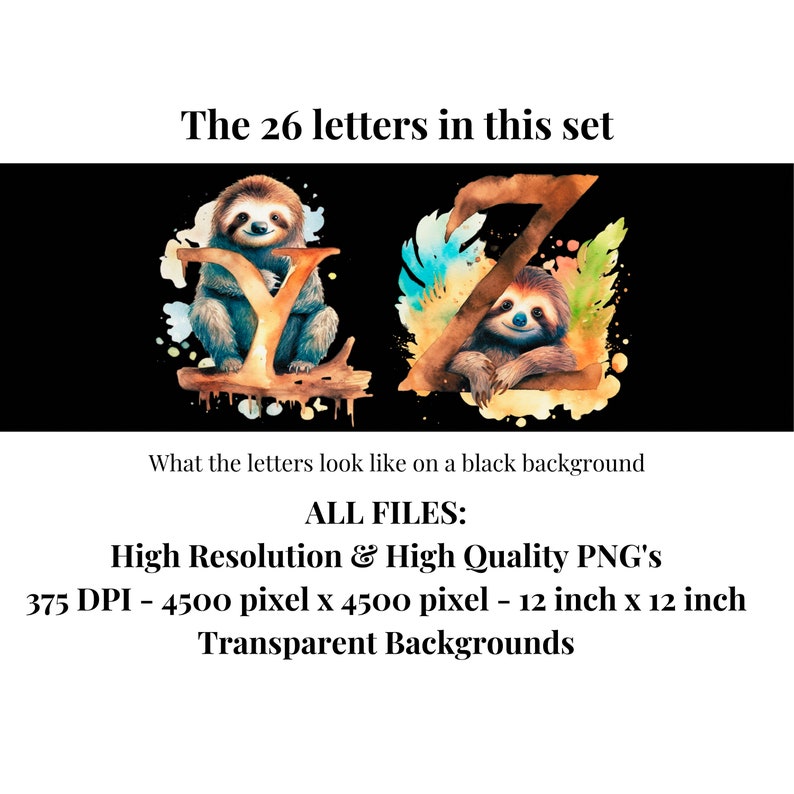 Sloth Clipart Animal Alphabet Watercolor Letters PNG for Cute Fonts ...