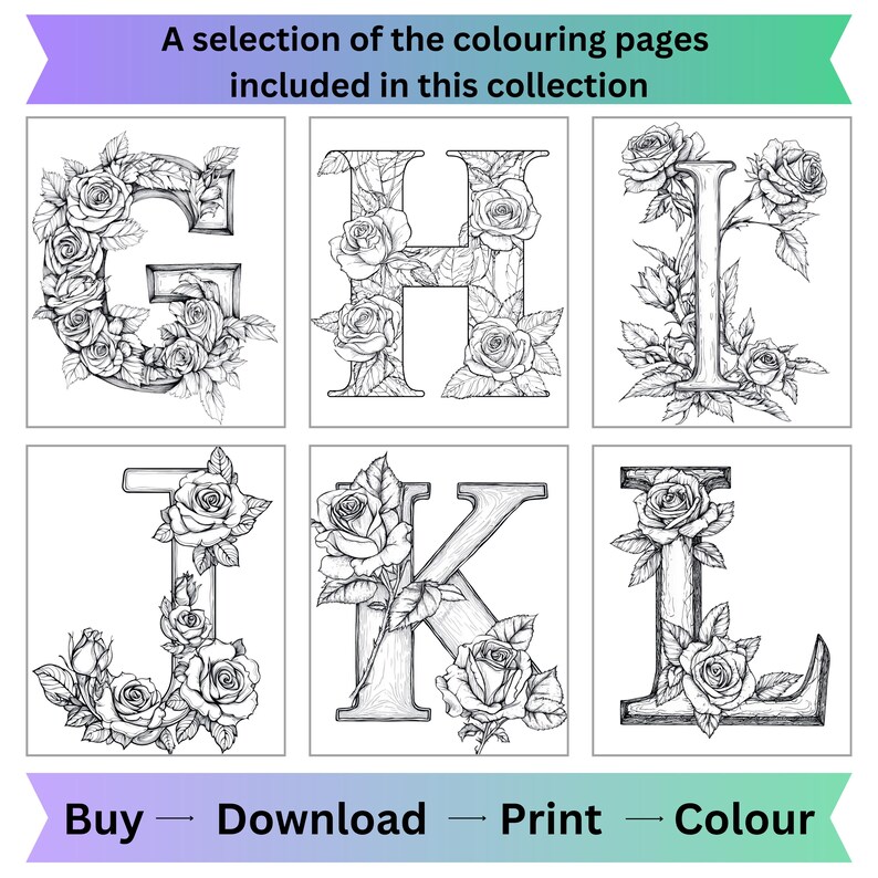 Floral Roses Alphabet Letter Art Coloring Pages, Flower Adult Colouring ...