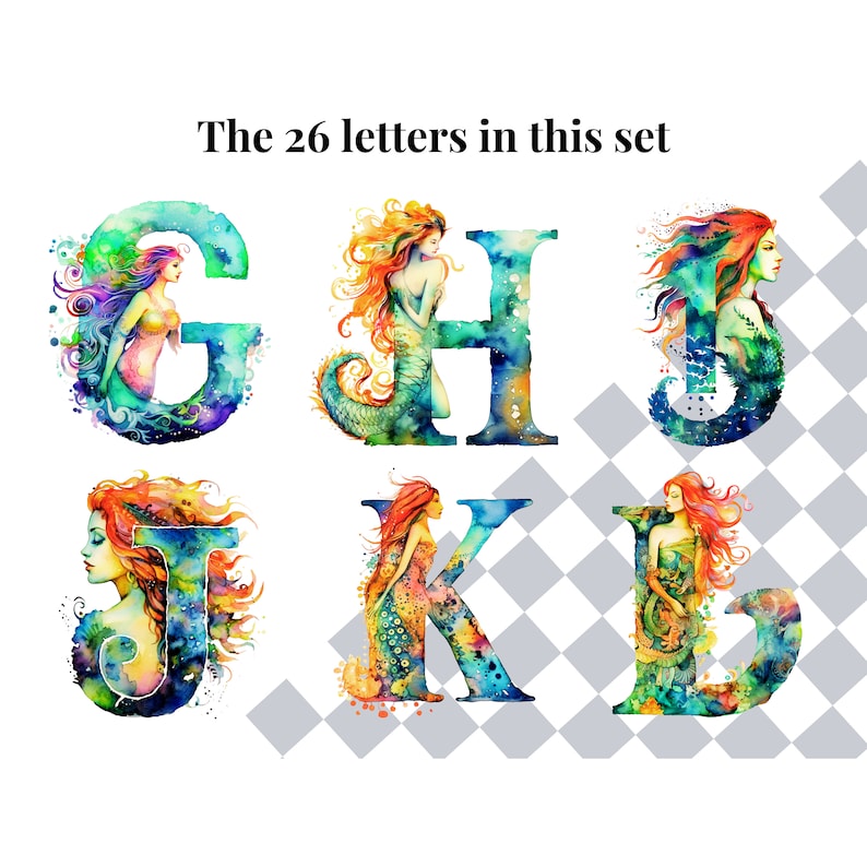Watercolor Mermaid Clipart Alphabet Letters | PNG Fantasy Fonts ...