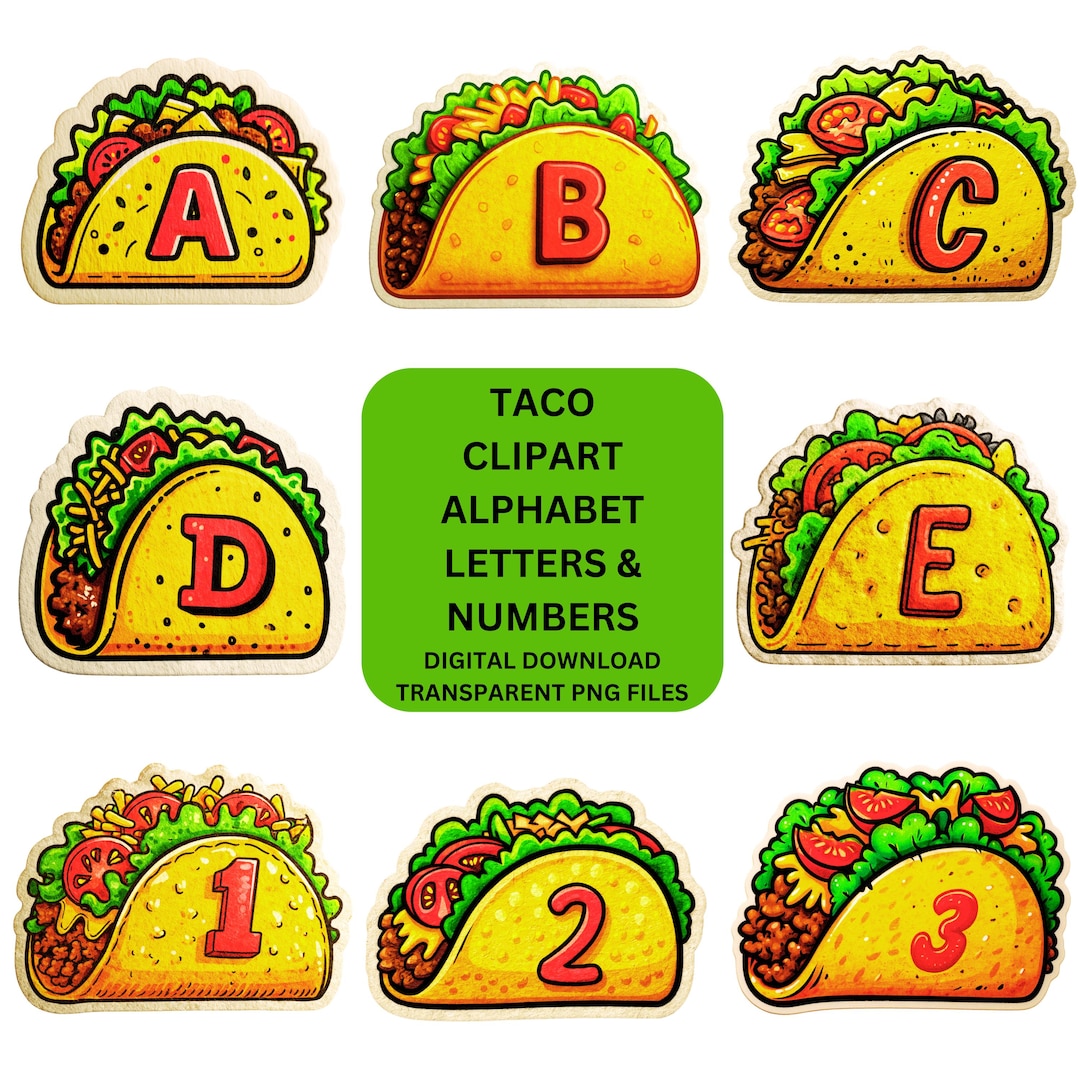 Taco Alphabet Clipart: Fiesta Letters & Numbers, Mexican Food Font (PNG ...