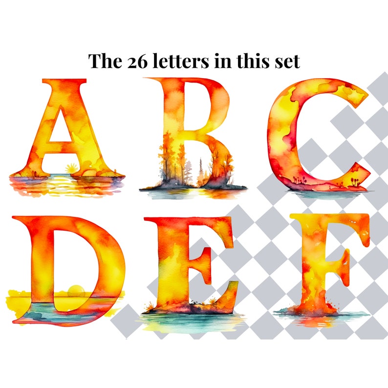 Watercolor Sunset Alphabet Clipart: 26 PNG Letters (digital Download ...