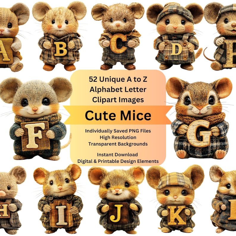 Mice Clipart Alphabet Letter PNG Files, Mouse Clip Art Whimsical Cute ...