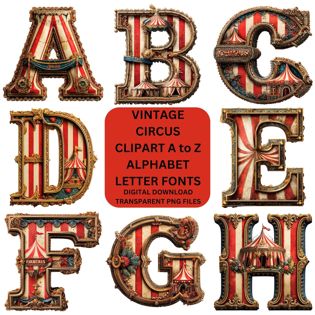 Vintage Circus Alphabet Clipart: Playful Carnival Font (PNG Files ...