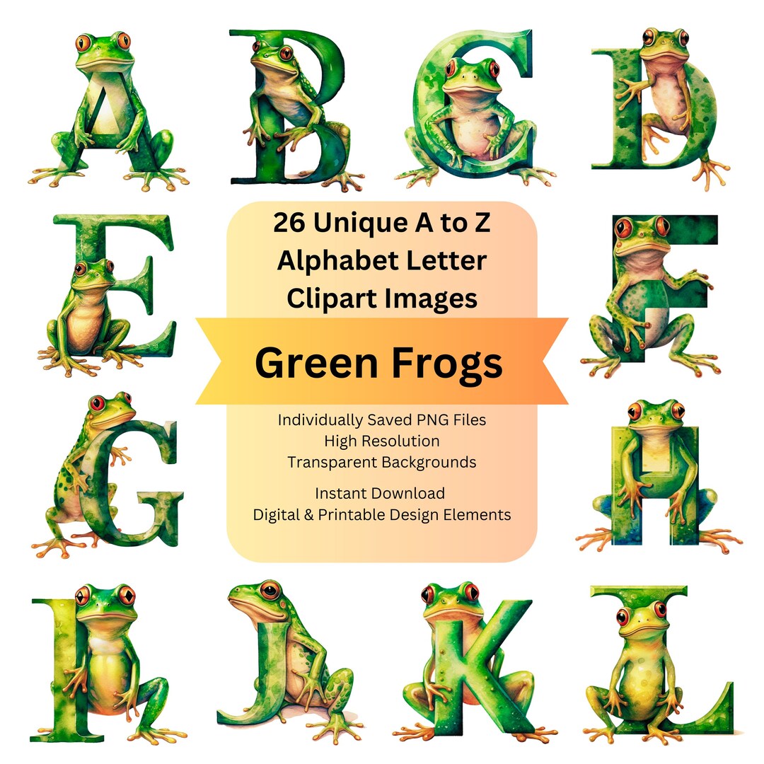 Frog Alphabet Clipart: Watercolor Letters, A-Z PNG (commercial Use) - Etsy