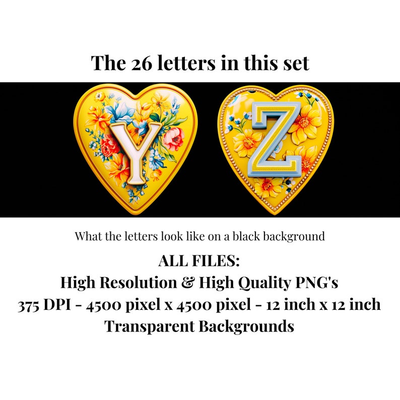 Love Heart Clipart Alphabet Letters PNG Files for Yellow Floral Hearts ...