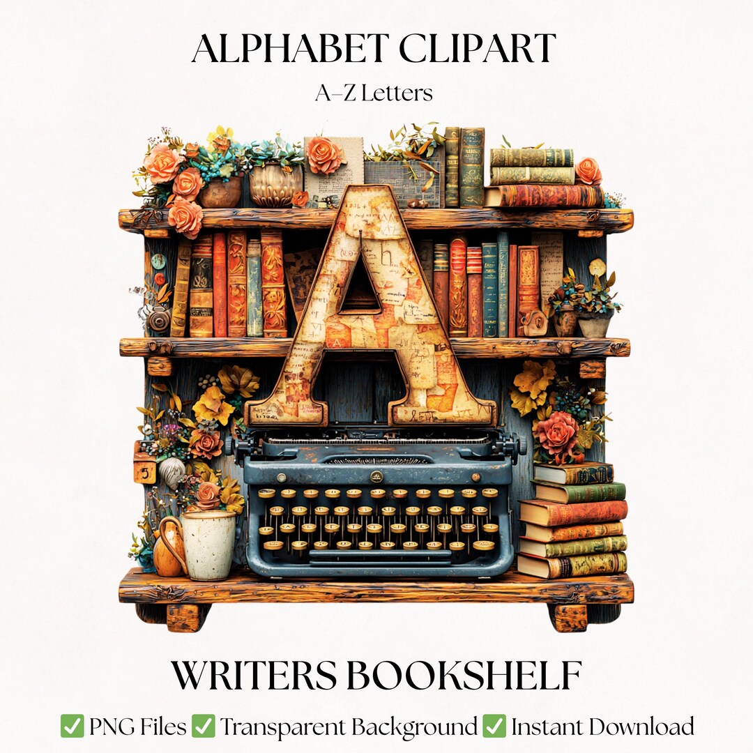Book Clipart Alphabet Letters | Rustic Bookshelf PNG Images | Library ...