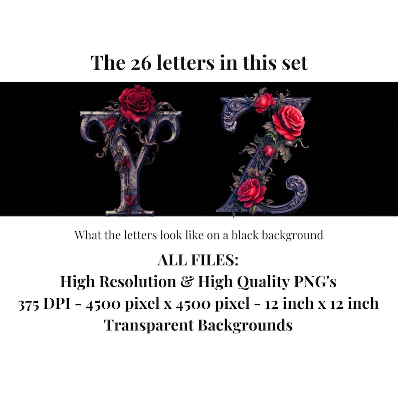 Gothic Clipart Alphabet Letters PNG Files for Red Rose Floral Digital ...