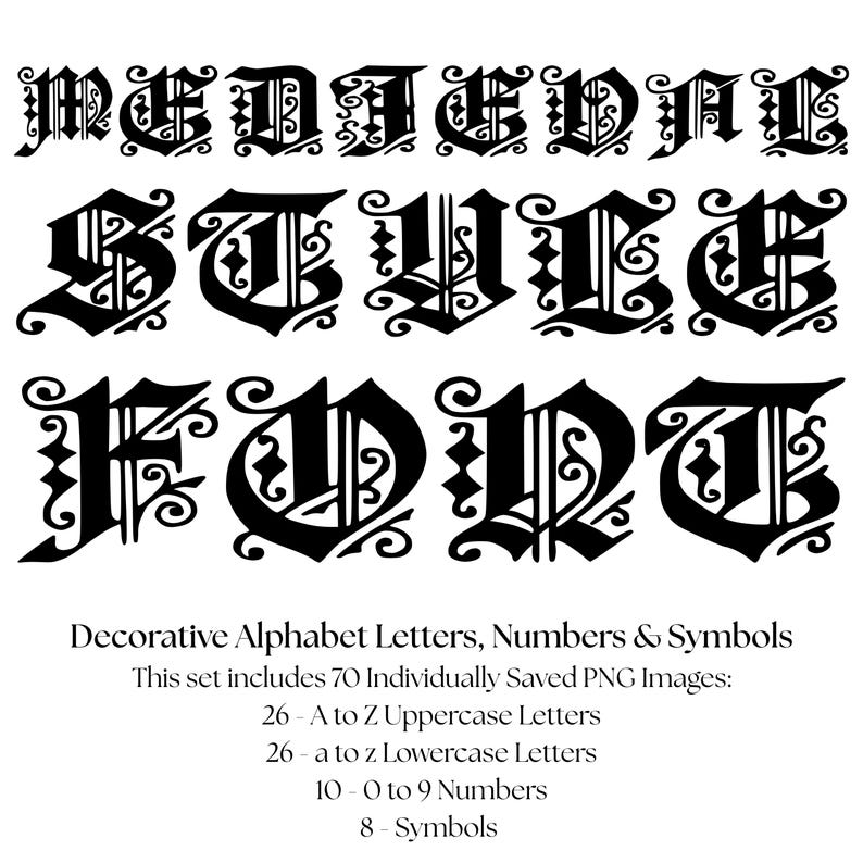 Gothic Blackletter Alphabet Letter & Numbers | PNG Medieval Font Set ...