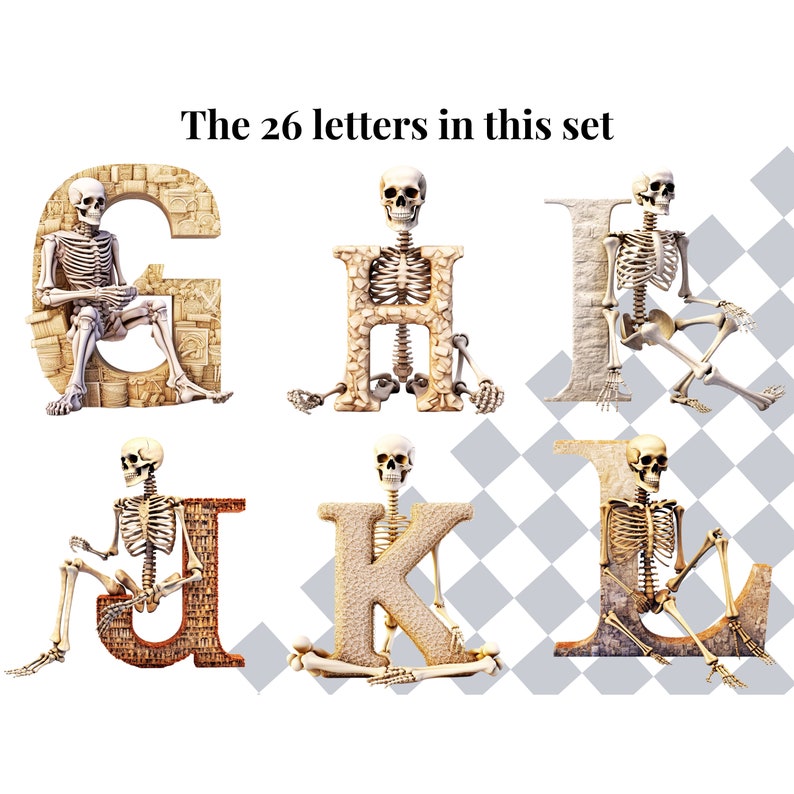 Skeleton PNG Alphabet Letters for Halloween Clipart Bundle, Skeleton ...