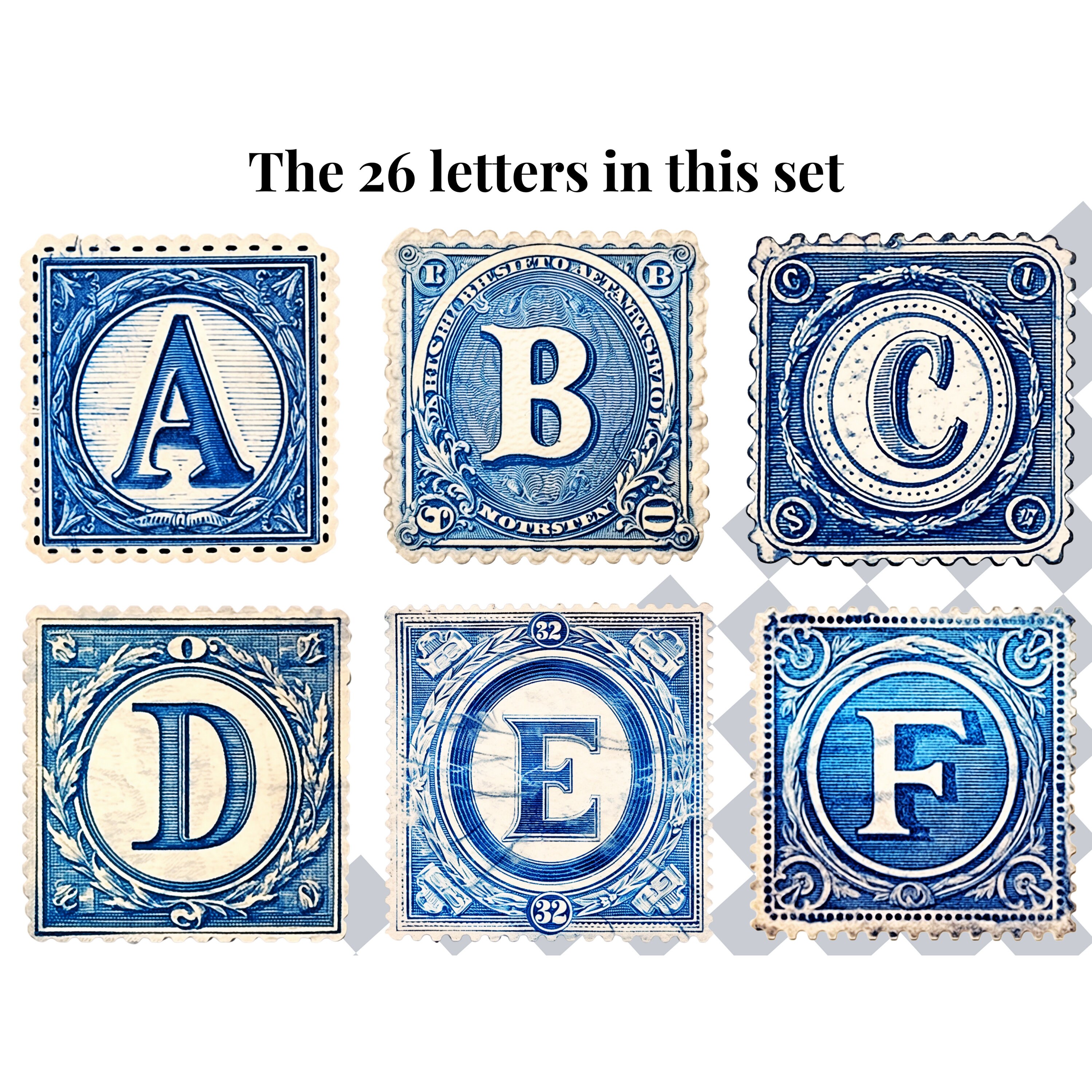 Vintage Blue Clipart Alphabet Letters | Postage Stamp Typography Design ...