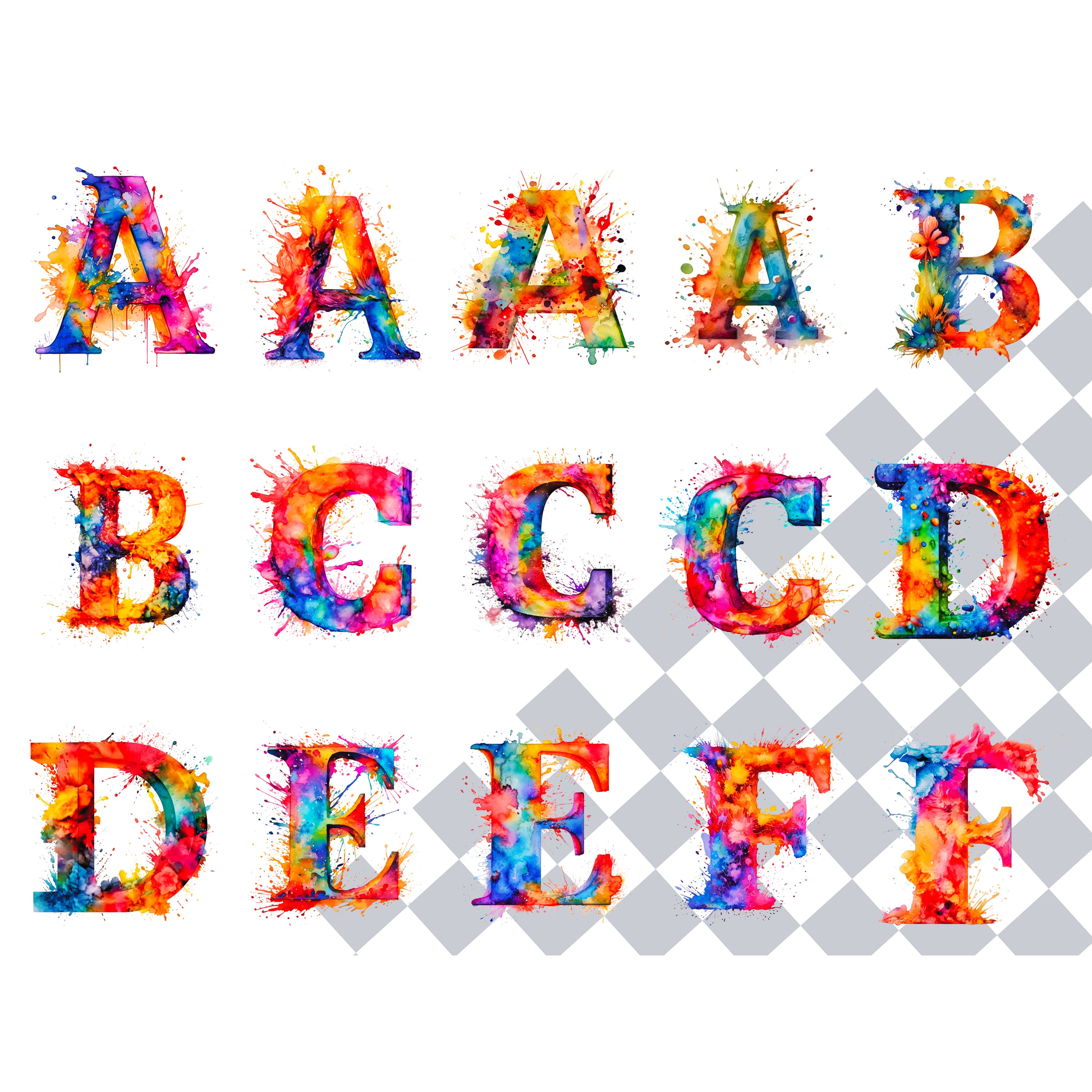 Watercolor Splash Clipart: Rainbow Letters and Numbers (PNG Digital ...