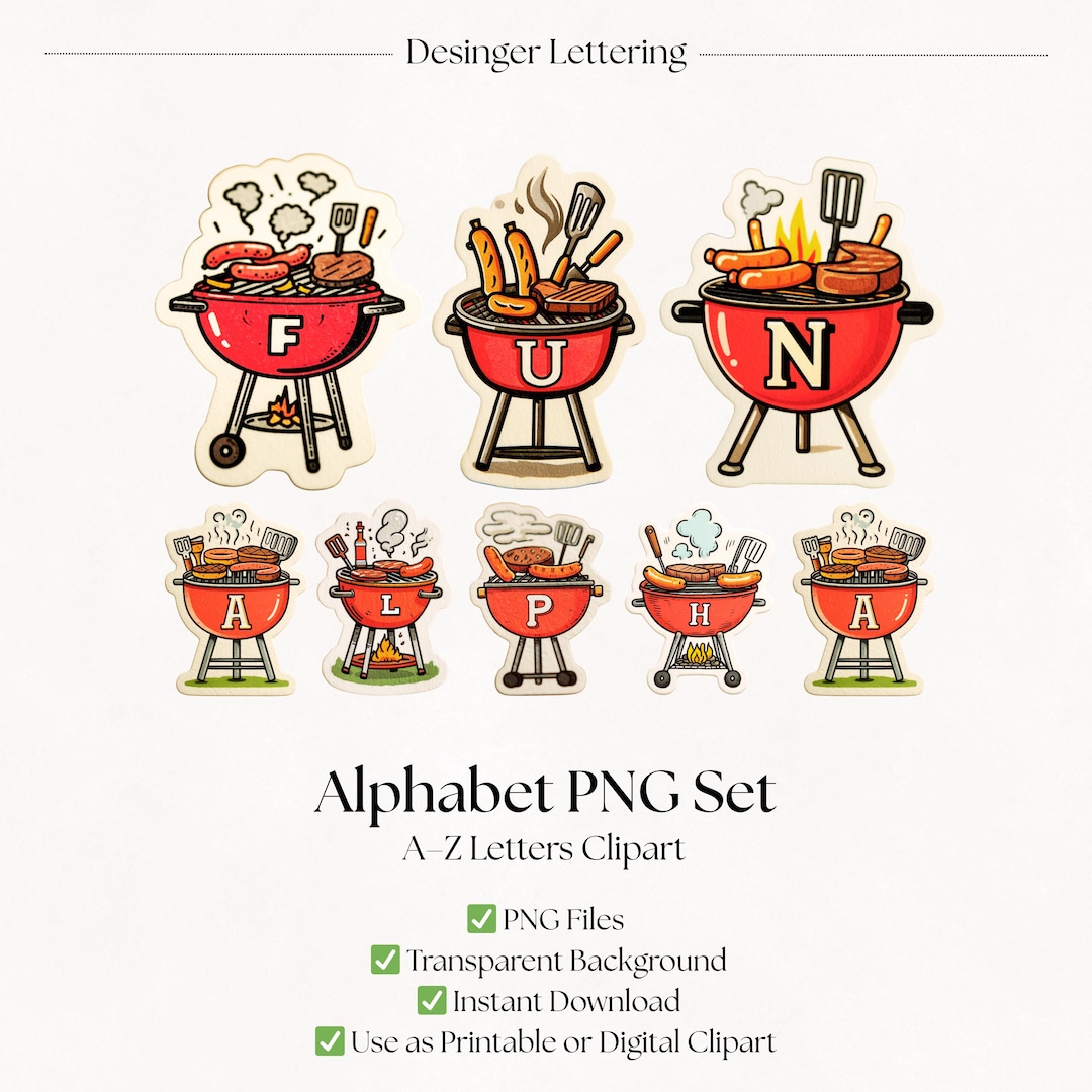 BBQ Grill Alphabet Clipart | Summer Barbeque PNG Letters | Printable ...