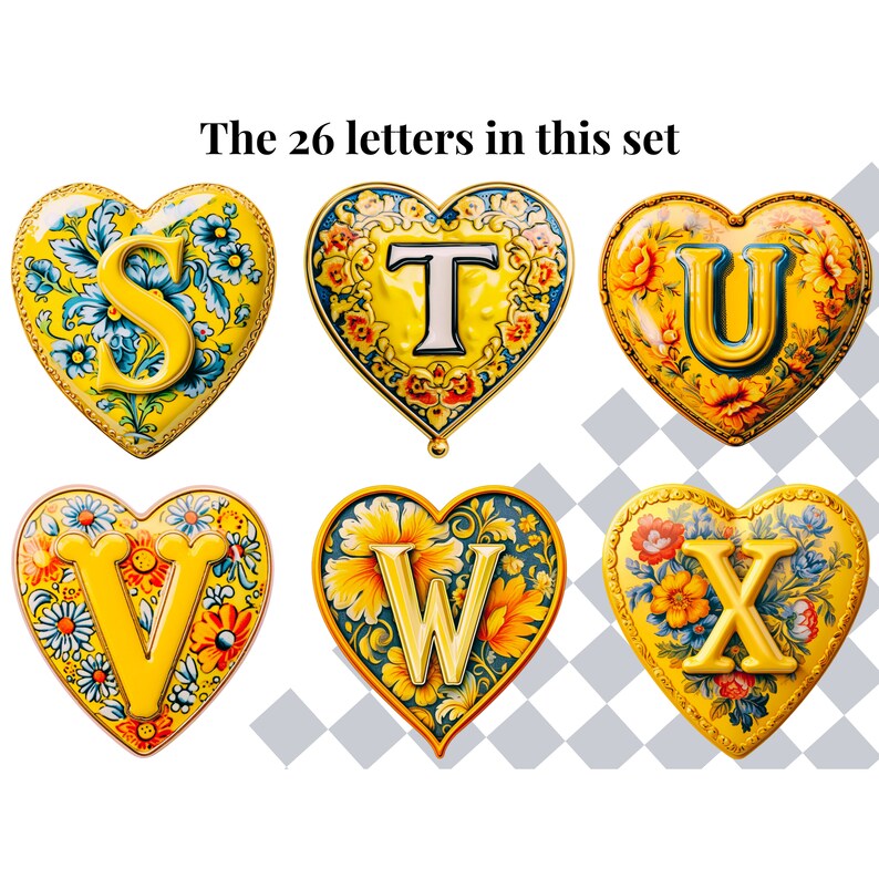 Love Heart Clipart Alphabet Letters PNG Files for Yellow Floral Hearts ...