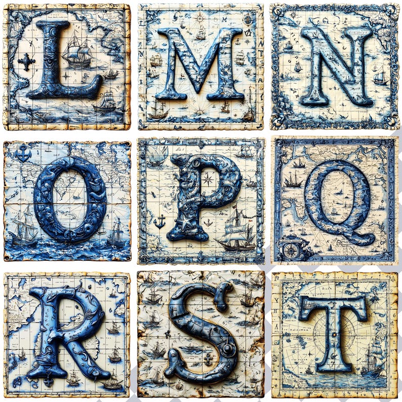 Nautical Map Clipart Alphabet Letters | Vintage Ocean PNG Font Images ...