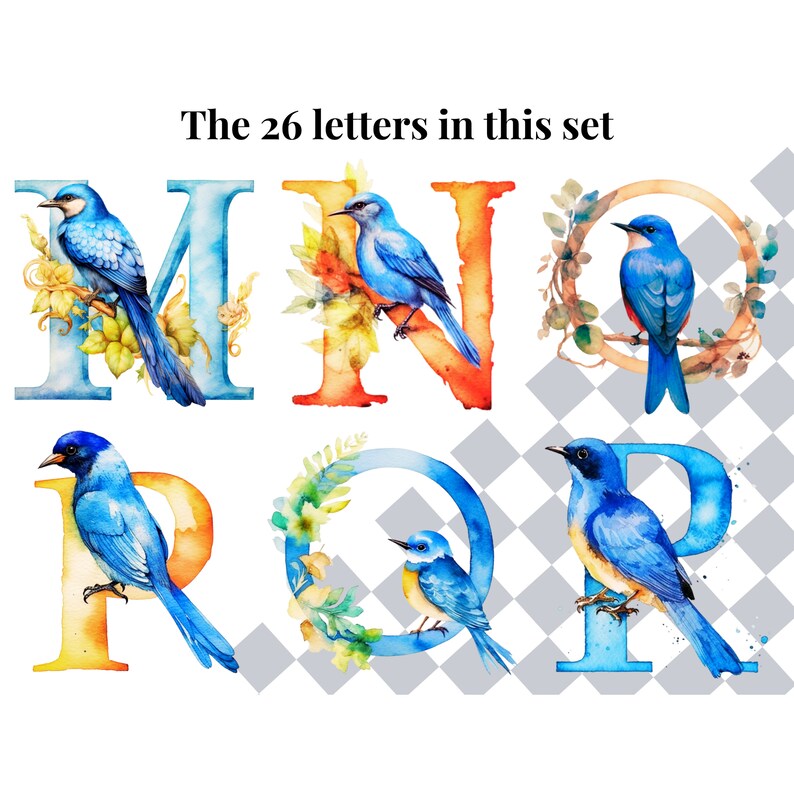 Watercolor Blue Bird Alphabet Clipart: A-Z PNG Bundle (digital Download ...