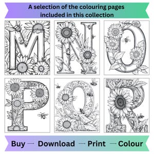 Sunflower Bee Alphabet Coloring Pages: Floral Art, Grayscale (PDF Files ...