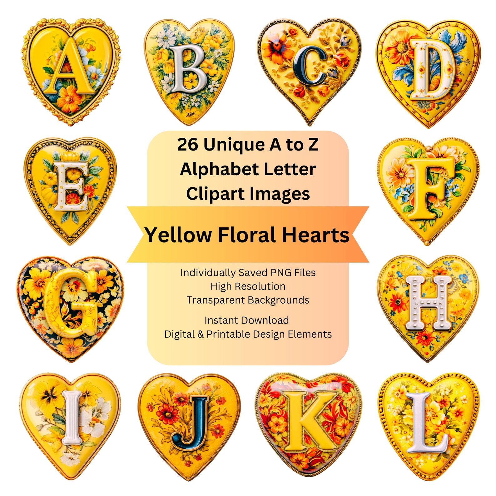 Love Heart Clipart Alphabet Letters PNG Files for Yellow Floral Hearts ...