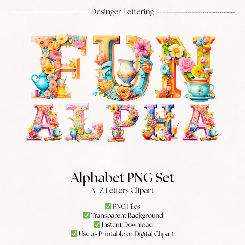 Floral Clipart Alphabet Letters | PNG Tea Party Font Images | Pastel ...