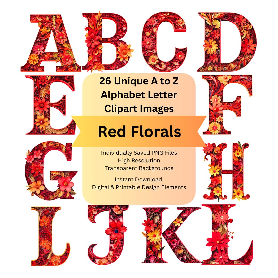 Floral Alphabet Clipart: Red Flower Letters, Scrapbooking (digital ...
